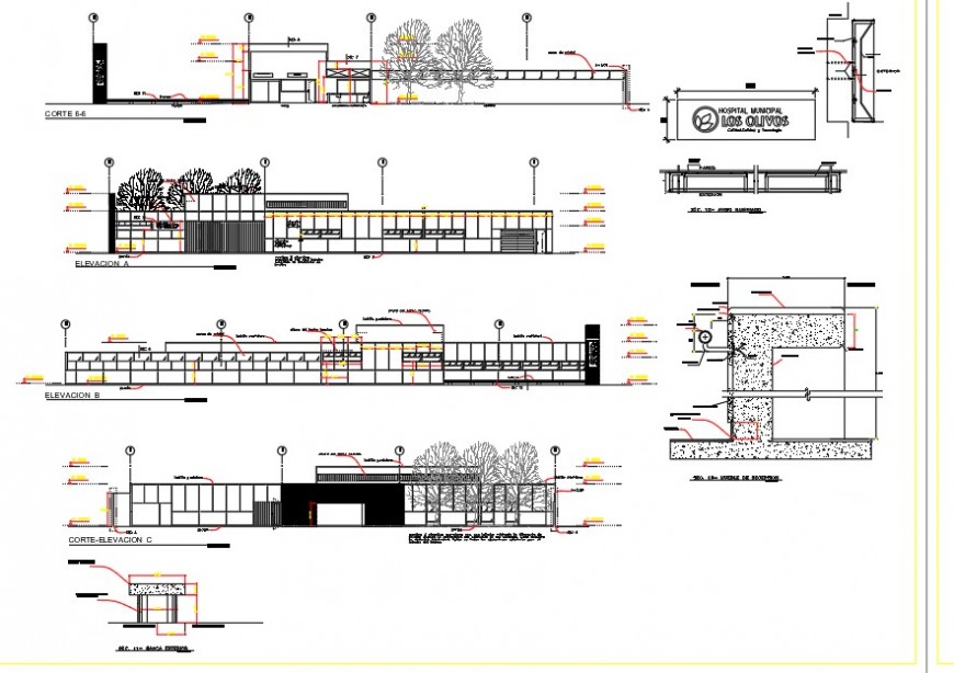 Multi-level hostel building all sided elevation, section and floor plan ... Multi-level hostel building all sided elevation, section and floor plan ...