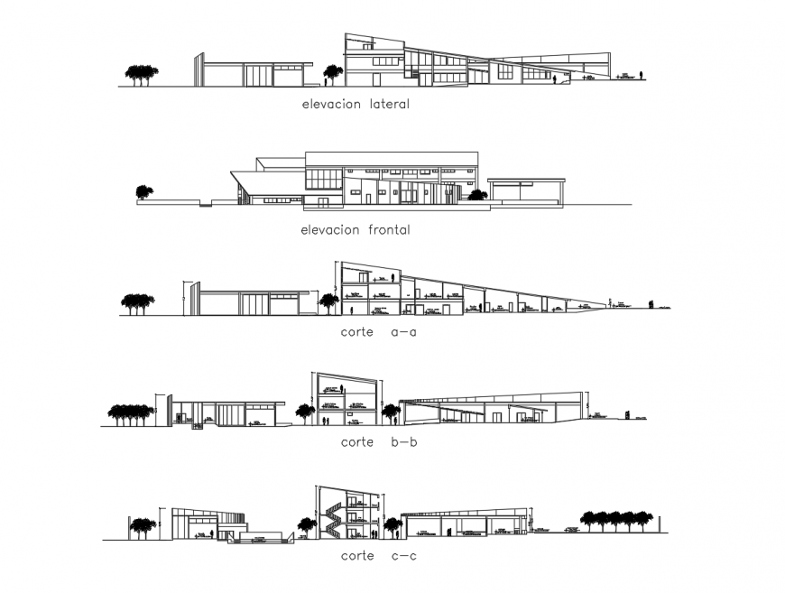 All sided elevation and section drawing details of multi-level hotel ...