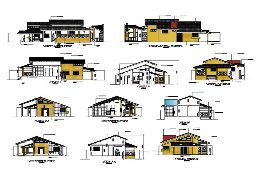 All sided elevation and sectional details of bungalow cad drawing ... All sided elevation and sectional details of bungalow cad drawing ...