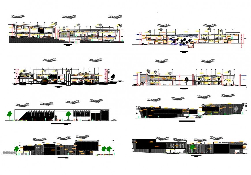 Culture center building all sided elevation and section details dwg file