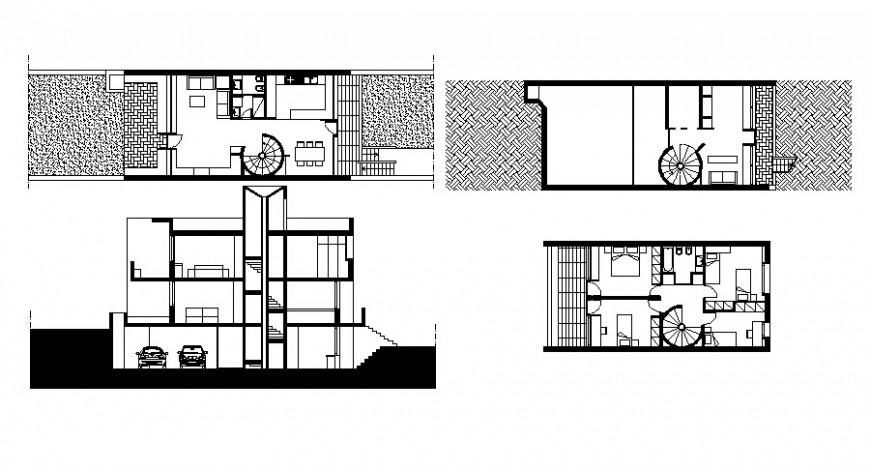Detail floor plan of building with section details in autocad