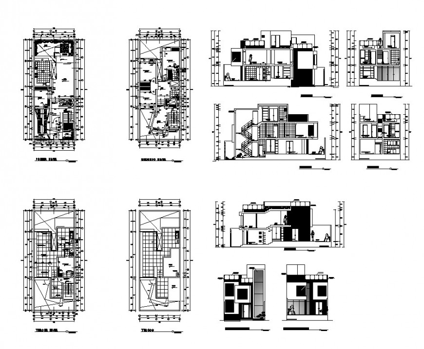 Elevation, plan and sectional detail of housing building structure 2d ... Elevation, plan and sectional detail of housing building structure 2d ...