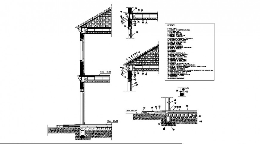 Facade and cut constructive section details of all sided of house dwg file