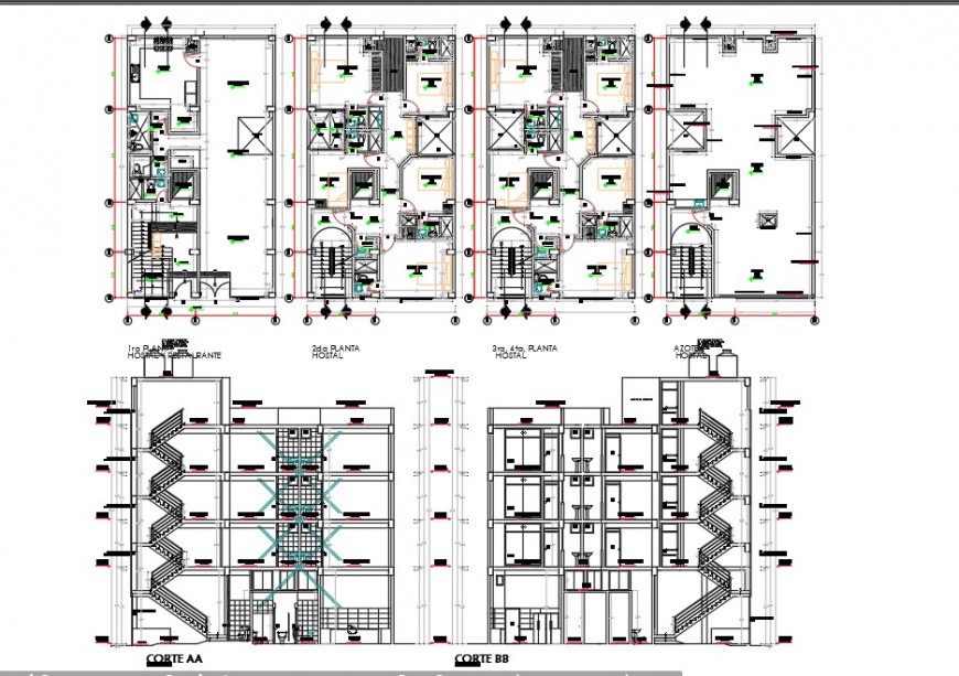 Hotel building block detail plan and section 2d view CAD structural ... Hotel building block detail plan and section 2d view CAD structural ...