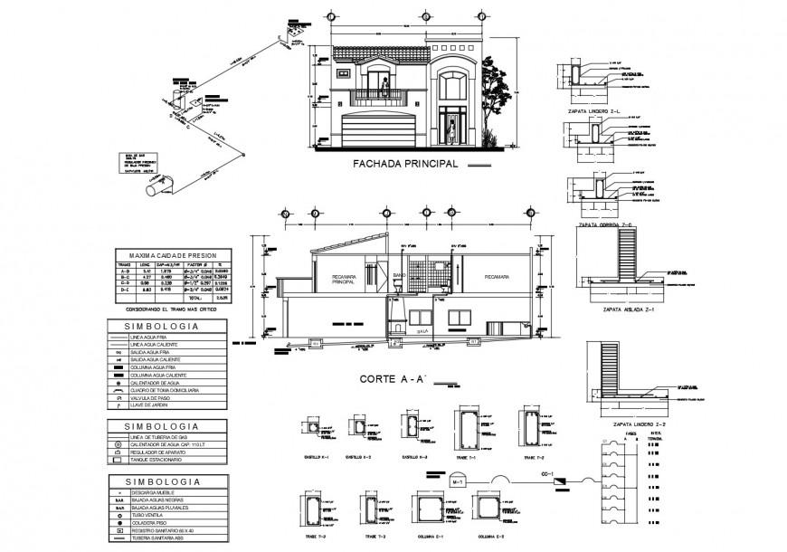 Main elevation and constructive sectional details of two-story house ... Main elevation and constructive sectional details of two-story house ...