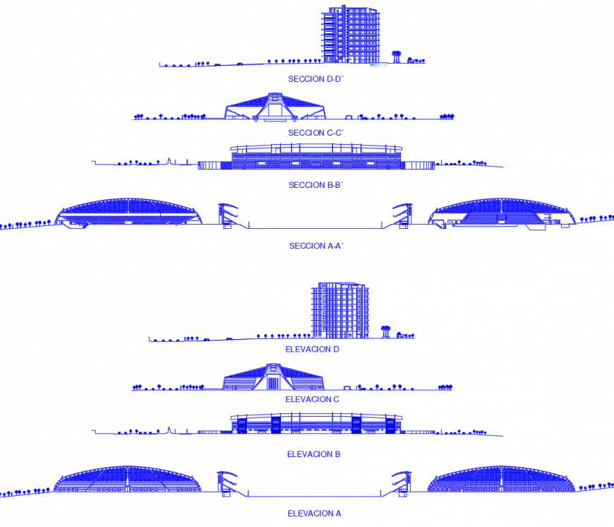 Multi-story multi-purpose building all sided elevation and section ... Multi-story multi-purpose building all sided elevation and section ...