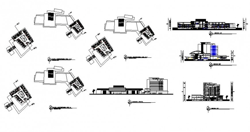 Multi-story plaza hotel building elevation, section, floor plan and ... Multi-story plaza hotel building elevation, section, floor plan and ...