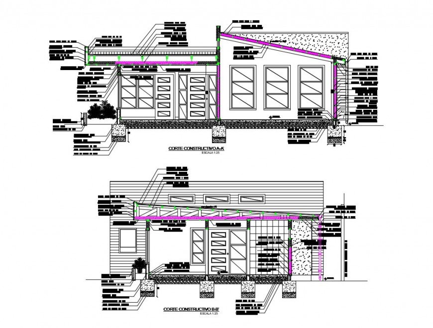 Registered office facade and back constructive section details dwg file