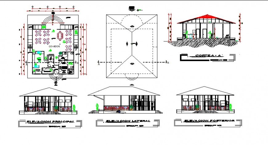 Restaurant front and back elevation and section and floor plan cad ... Restaurant front and back elevation and section and floor plan cad ...