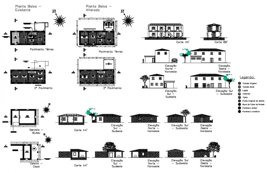 Small cottage type house all sided elevation, section, plan and ...