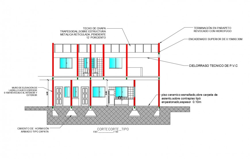 Two-story house constructive facade section cad drawing details dwg file