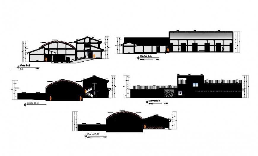 Warehouse for medication building all sided elevation and section ...