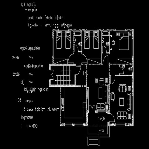 A residence building plan with furniture detail