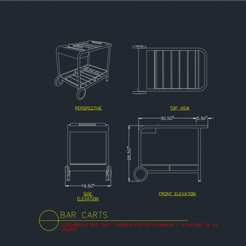 Cart view with prospective view with top,front and side view dwg file