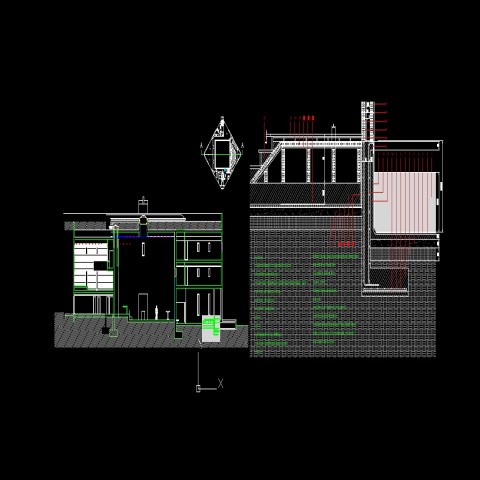 Facade with pond section plan autocad file