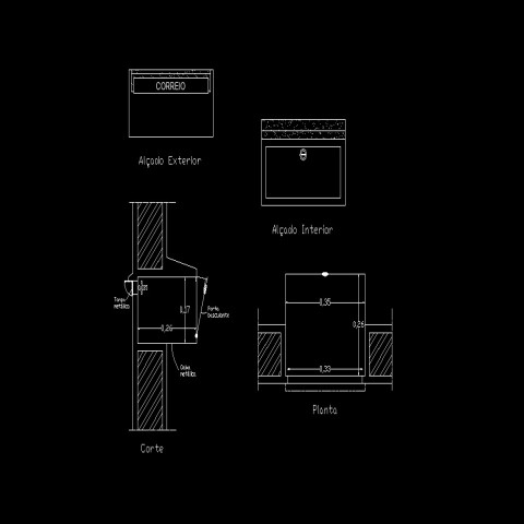 Mail box plan, elevation and section detail dwg file