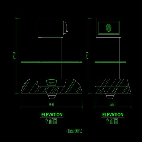 Range hood cad side and front elevation block design dwg file
