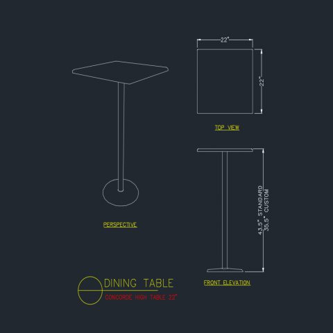 Square table perspective view with front and top view dwg file
